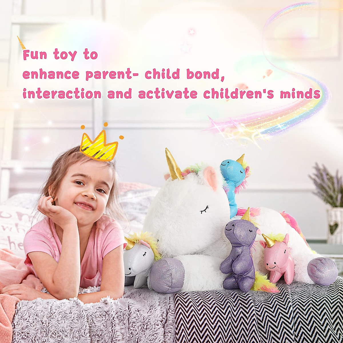 DOLDOA 22'' Unicorn Stuffed Animal for Girls, Mommy Stuffed Unicorn with 4 Baby Unicorns, Cute Plush Unicorn Plush Toy for Kids