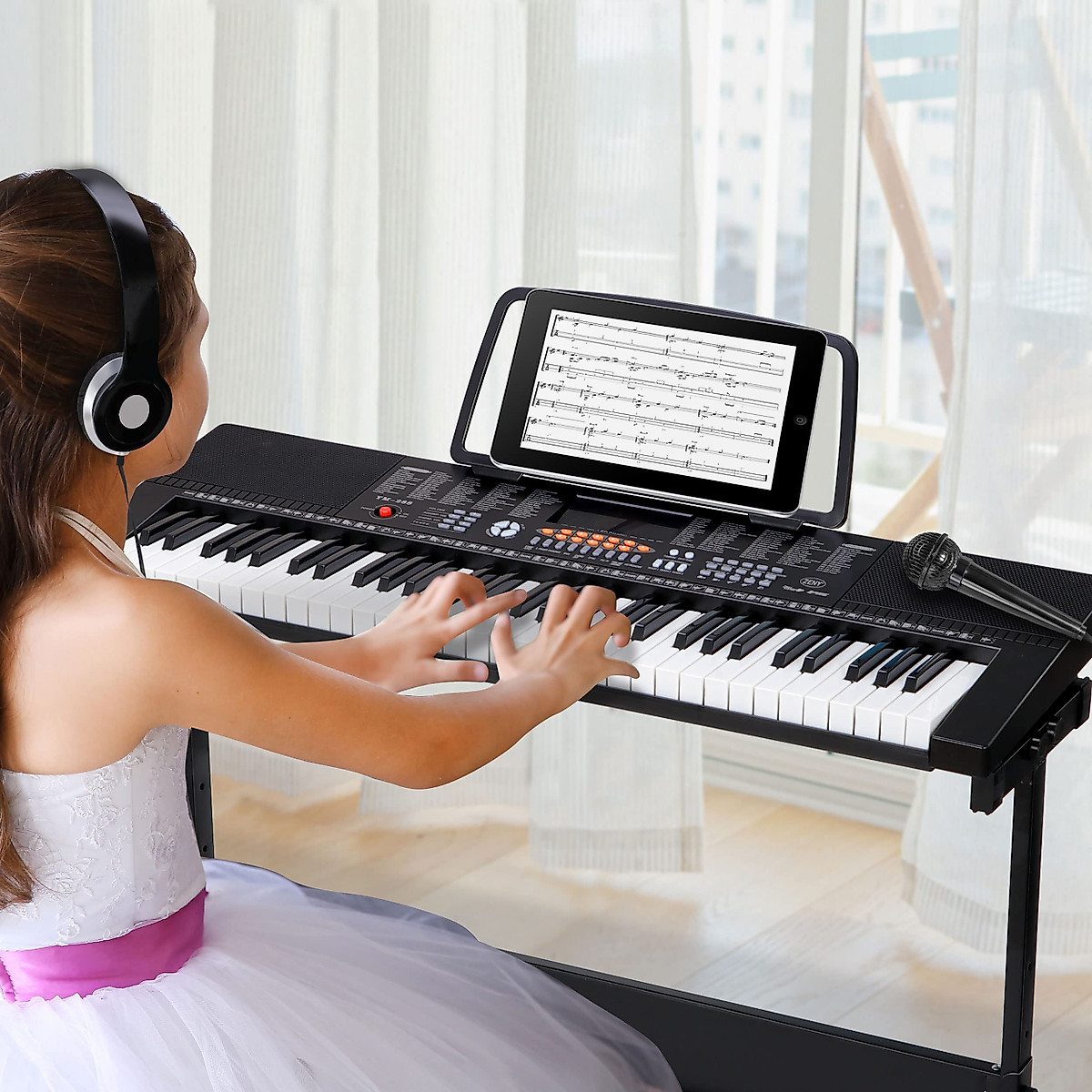 Smartxchoices 61-Key Electronic Keyboard Piano Stand Portable LED Display Keyboard Kit with Adjustable Stand, Adjustable Stool, Headphones, Microphone & Music Stand