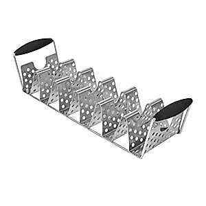 BLACKSTONE 5551 Deluxe Holder Stand Pack of 2 Stainless Steel Racks with Heat Resistant Handles-One Tray Holds 6 Tacos-Dishwasher Safe, Black/Silver