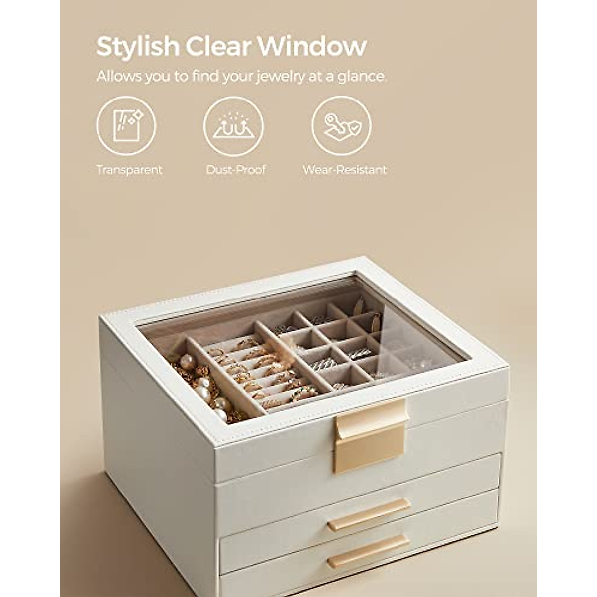 SONGMICS Jewelry Box with Glass Lid, 3-Layer Jewelry Organizer, 2 Drawers, Jewelry Storage, Lots of Storage Space, Modern, Gift Idea, 8 x 9.1 x 5.3 Inches, Cloud White and Gold Color UJBC239WT