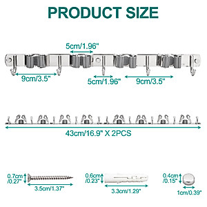 OCGIG 2 Pack Mop and Broom Holder, Wall Mounted Metal Hanger Organization Storage Heavy Duty Tool Organizer for Garage Home Kitchen Laundry Garden (4 Racks and 5 Hooks)