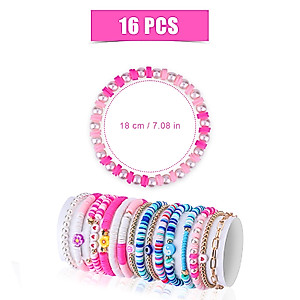KINBOM 16pcs Preppy Bracelets, Colorful Y2K Heishi Jewelry Girls' Charm Bracelets Aesthetic Boho Beaded Stretch Bracelet Summer Beach Jewelry Stuff for Women