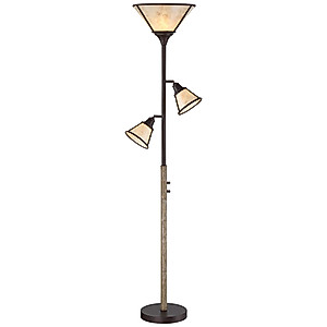 Franklin Iron Works Plymouth Rustic Farmhouse Torchiere Floor Lamp Standing 3-Light Dimmable 72" Tall Bronze Faux Wood Metal Mica Cone Shade Decor for Living Room Reading House Bedroom Home Office