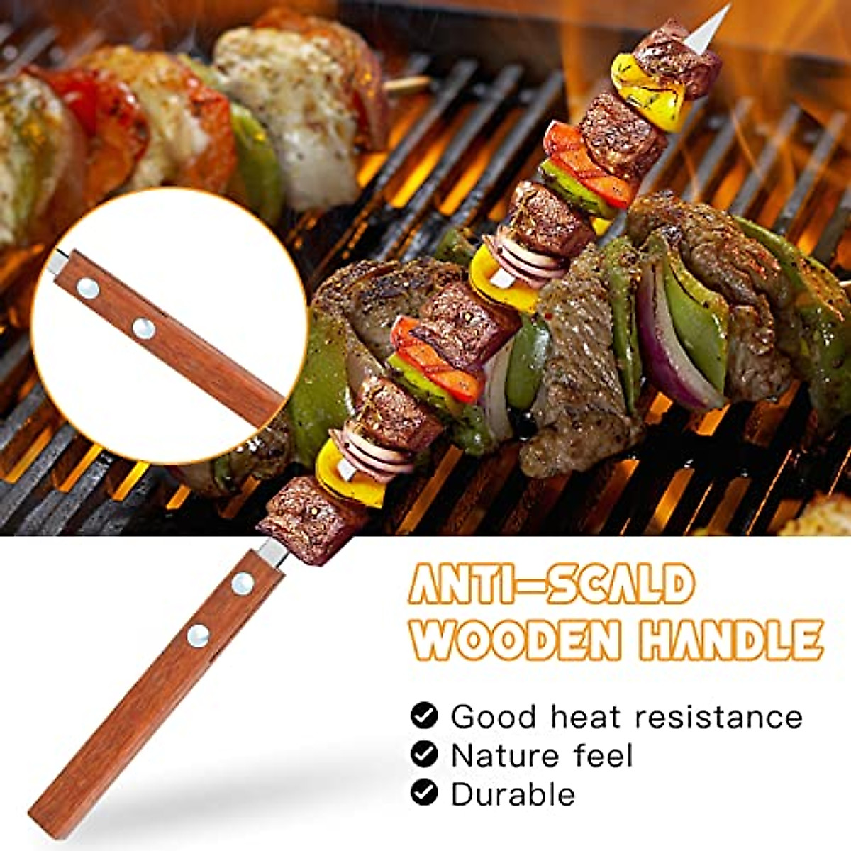 Elesunory 12PCS 16 Inch Stainless Steel Barbecue Skewers, Flat Metal BBQ Kebab Skewers, Long Kebab Skewers Barbecue Skewers with Anti-scald Wood Handle for Meat Shrimp Chicken Vegetable