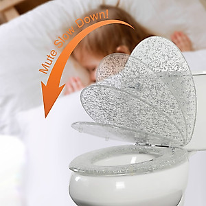 Resin Toilet Seat Elongated Soft Close Quick Release Heavy Duty Toilet Seats with Glitter Cover Acrylic Seats Silver Foil 19 Inch