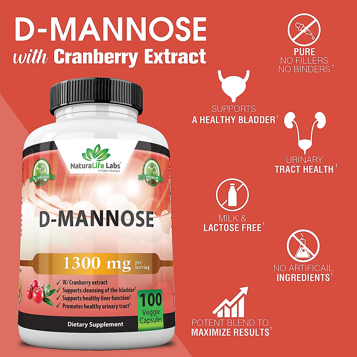 D-Mannose 1,300 mg with Cranberry Extract Fast-Acting, Flush Impurities, Natural Urinary Tract Health- 100 Veggie Capsules