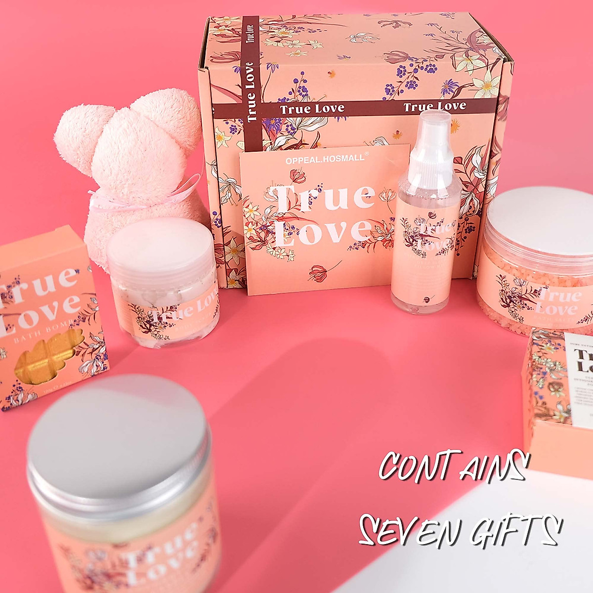 True Love Spa Gift Box for Women, Relaxing Birthday Gifts for Friends, Body Scrub, Bath Bomb, Scent Candle, etc. Best Pamper Gifts for Women, 7 Pcs Home Spa Set. Ideal for Mom & Sister.