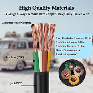 YDDECW 4 Wire Trailer Wire - 14/4 50FT 4 Way Trailer Cable 100% Pure Copper Heavy Duty 14 Gauge 4 Conductor Extension Cable Rv Trailer Wiring Insulated Cable for Rv Trailer and Automotive