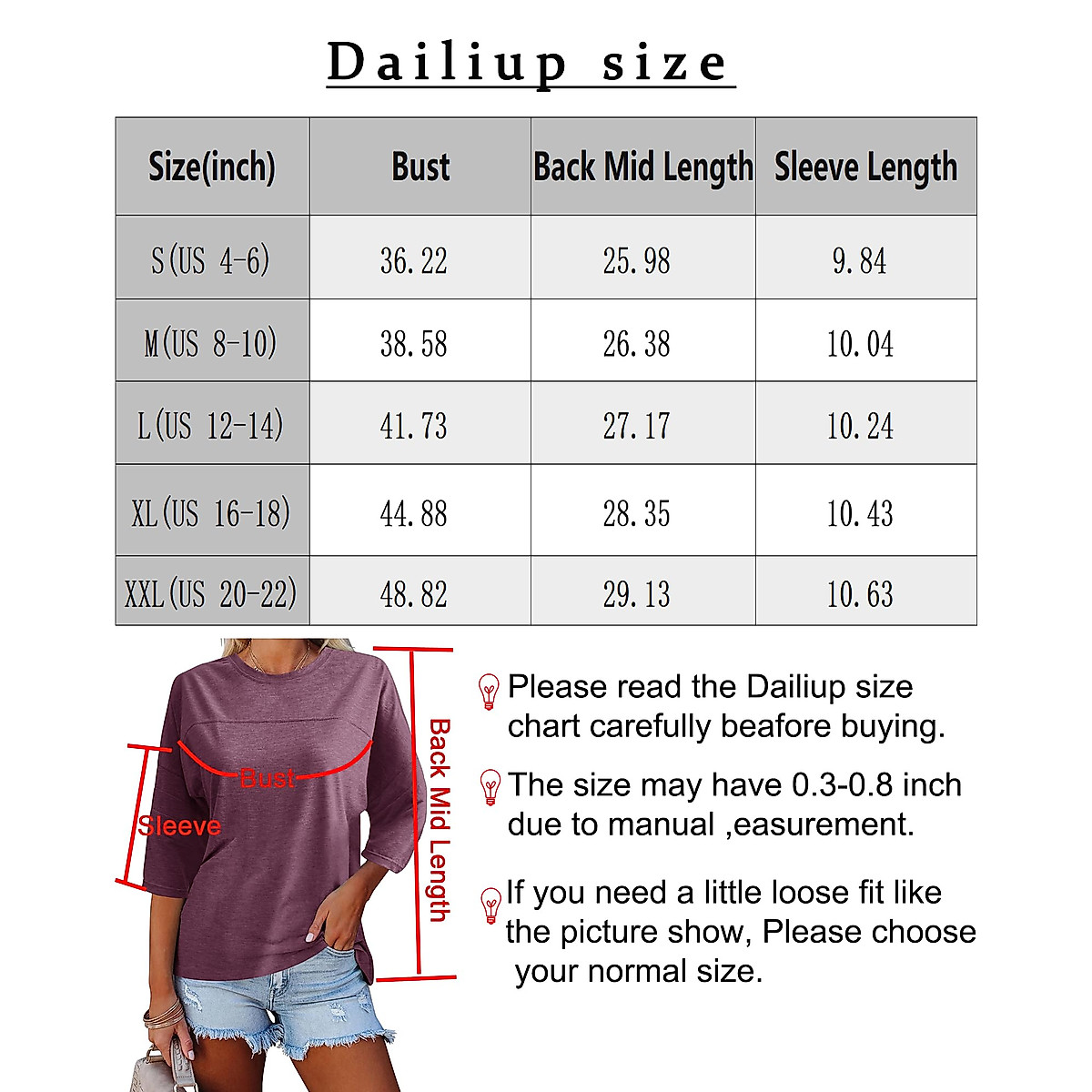 Dailiup Women's Casual 3/4 Sleeve T-Shirts Loose Round Neck Cute Tunic Tops Basic Tees Blouses Wine Red
