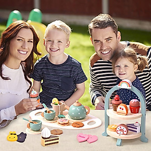 Atoylink Wooden Tea Party Set for Little Girls 28 Pcs Toddler Tea Set with Cupcake Stand & Food Pretend Play Accessories Kids Kitchen Playset Wooden Toys for 2 3 4 5 6 Year Old Girl Birthday Gift