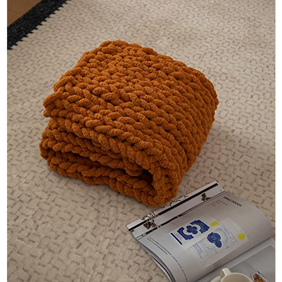 Chunky Knit Blanket Soft Chenille Yarn Knitted Throw Blanket 50"X60" Handmade Cable Warm Thick Giant Blanket for Couch Bed Trips (Burnt Orange, Throw 50“x60”)