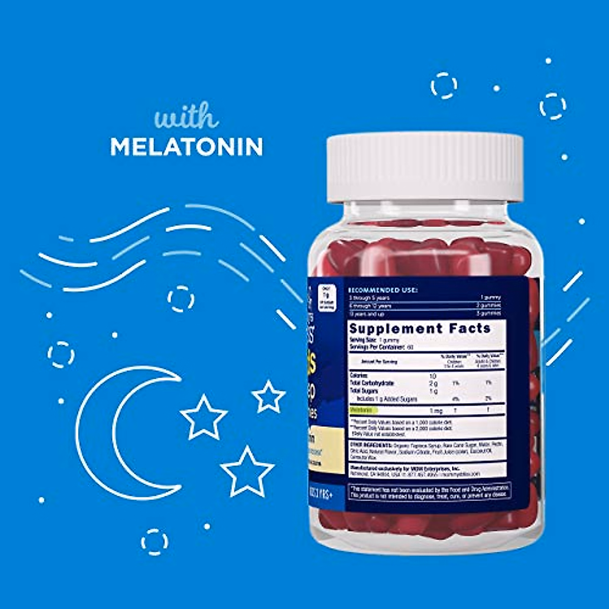 Mommy's Bliss Kids Sleep Melatonin Gummies: Free of Artificial Colors, Flavors, or Gelatin, Strawberry Flavor, Age 3+, 60 Gummies