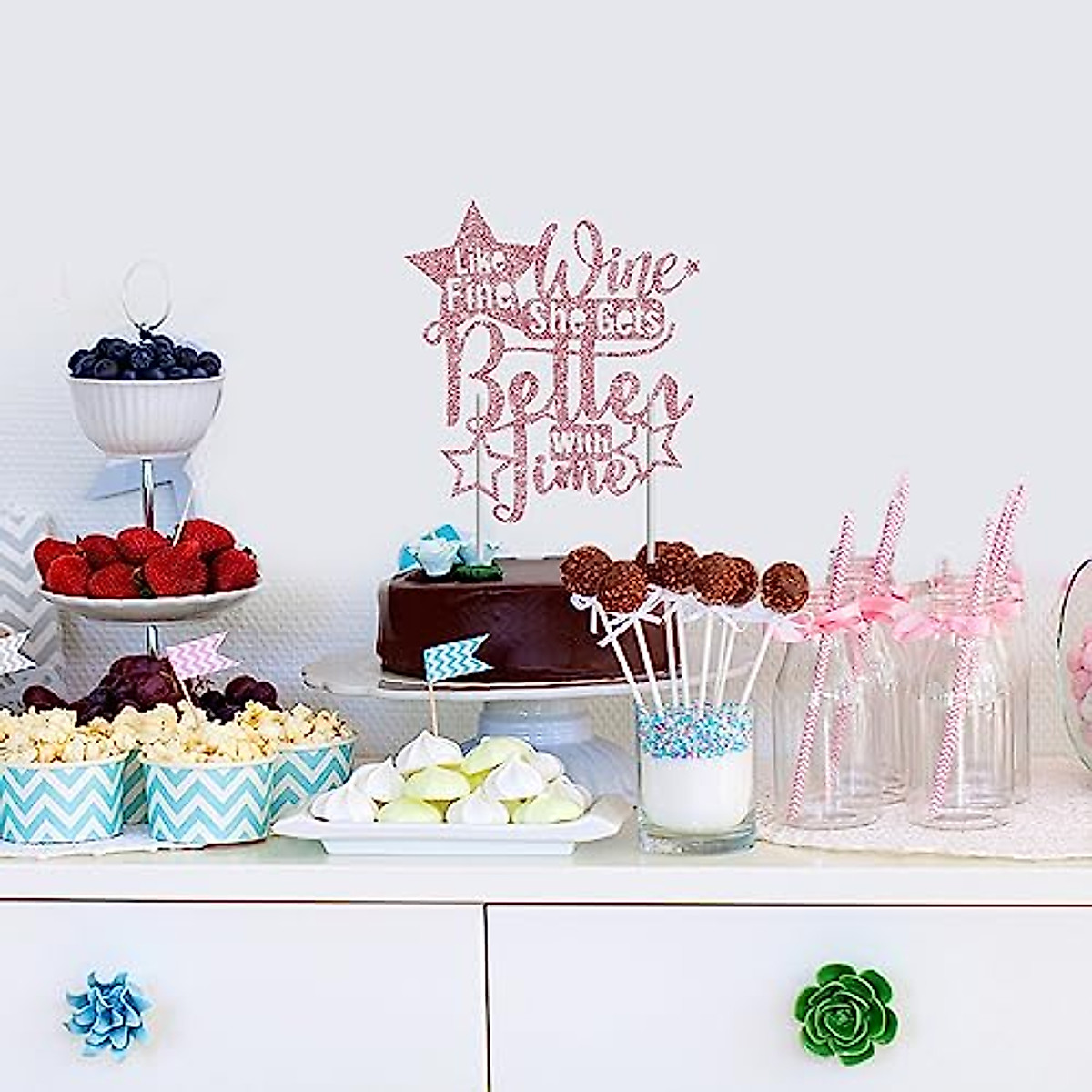 Rose Gold Glitter Like Fine Wine She Gets Better with Time Cake Topper Women Girls Birthday Party Decorations for 30th 40th 50th 60th Birthday Decor Supplies