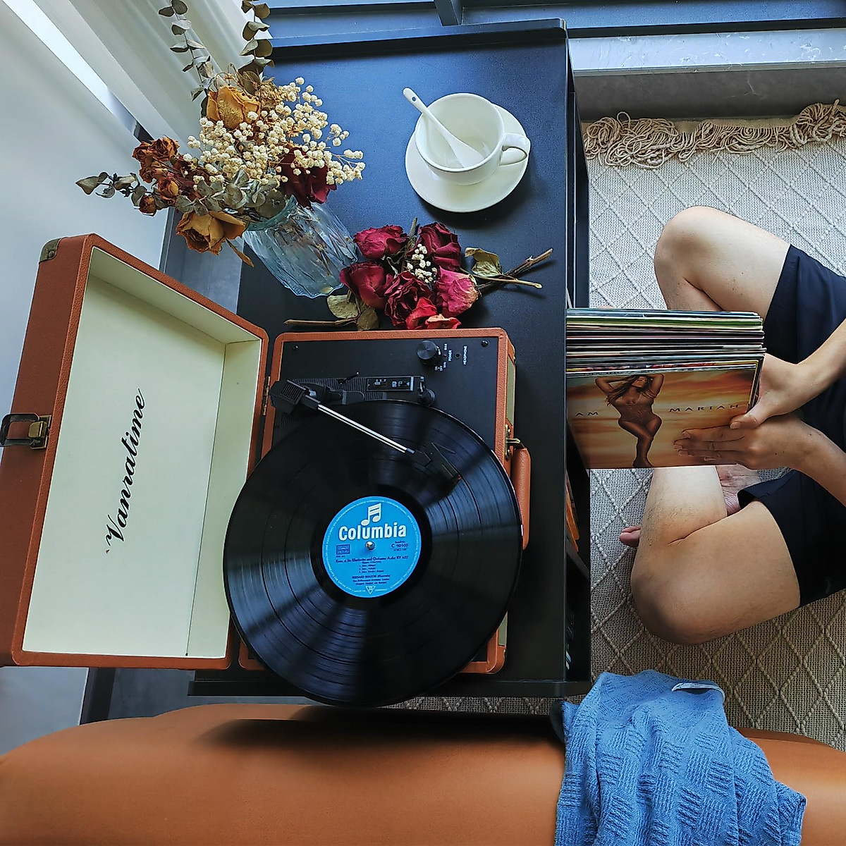 Record Player Stand with Vinyl Storage Holds Up to 300lb, Large Record Player Table Cabinet for Album Storage with Holder Vinyl Display Shelf, Wood Turntable Stand for Bedroom Living Room (Black)