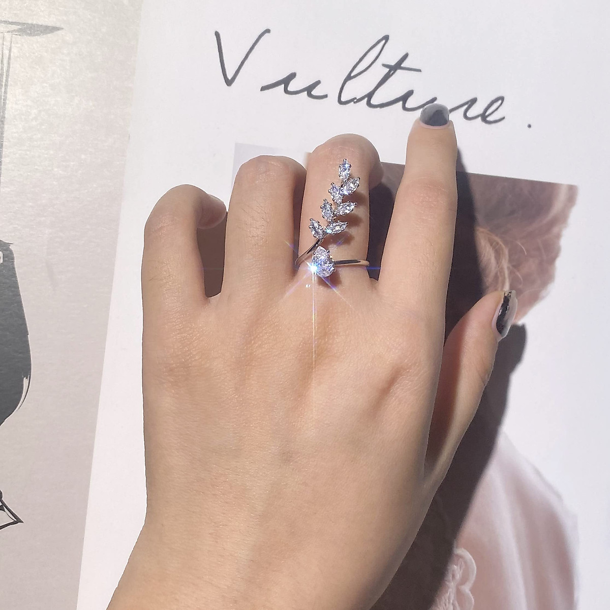 Mytys Fashion CZ Cocktail Rings for Women-Cubic Zirconia Knuckle Rings-Silver Leaf Desigh Open Adjustable Ring