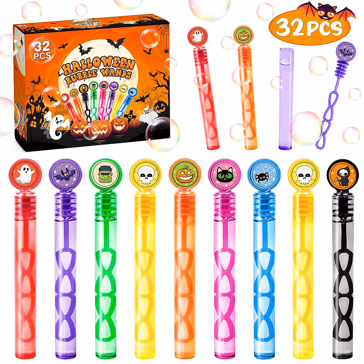 32 Pcs Halloween Party Favors Bubble Wands for Kids Halloween Basket Stuffers Goodie Bag Fillers, Halloween Toys Treats Non Candy Bulk Classroom Prizes Favors for Toddlers Kids Birthday Party Supplies