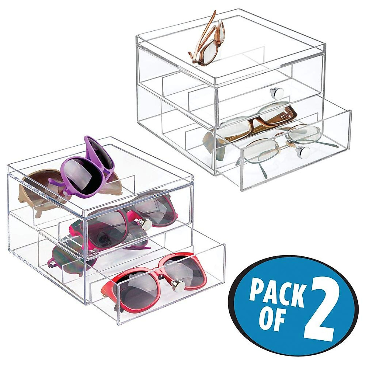 mDesign 2 pc. Set Stackable Eyeglass Organizer Holder for Sunglasses, Eyeglasses, Reading Glasses - 2 Divided Drawers, Clear