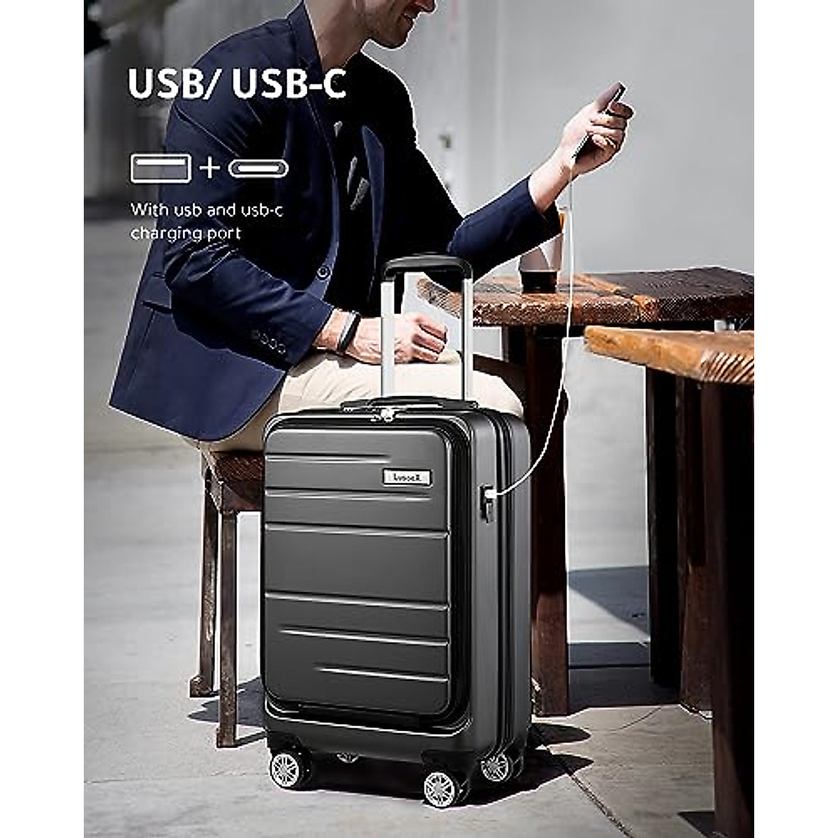 LUGGEX Black PC Luggage Sets 2 Pieces, 20 Inch Carry On Luggage with USB Port and 26 Inch Checked Suitcase with Front Opening, Only 26" Expandable