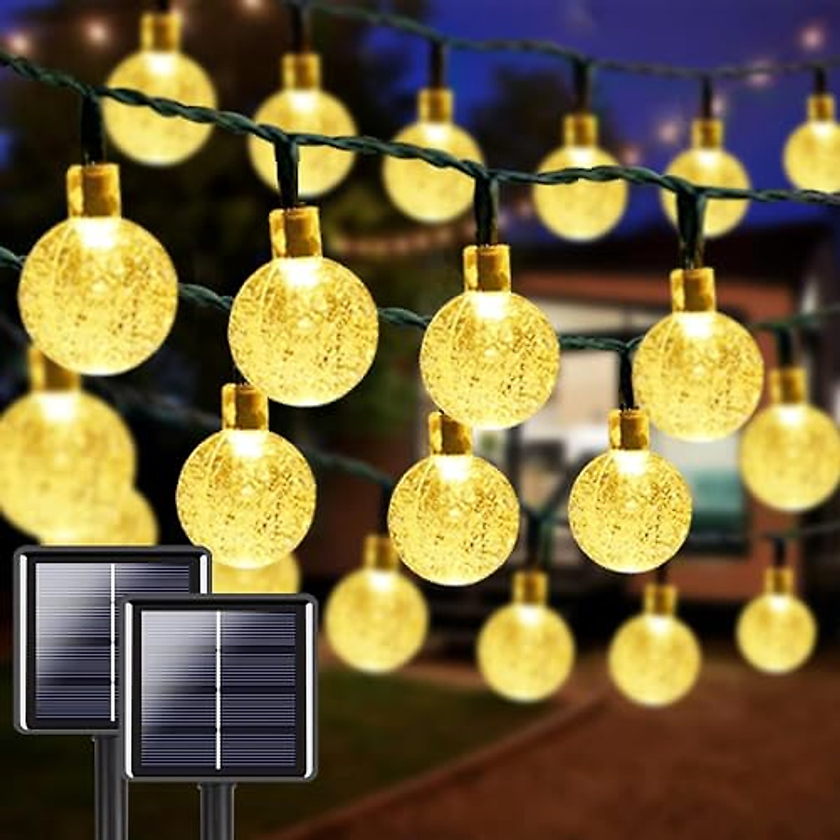 Super Bright 2-Pack 100Led 64FT Crystal Globe Solar Christmas Lighs Outdoor, Waterproof with 8 Lighting Modes, Solar String Lights for Outside Christmas Tree Patio Christmas Decorations (Warm White)