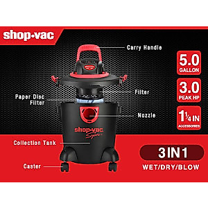 Shop-Vac 2035089 5 Gallon Wet/Dry Vacuum, 2.5 Peak HP, 1.25 Inch Diameter x 7 Foot Hose, 7 Ft Cord Length, Includes Extension Wands and Nozzle