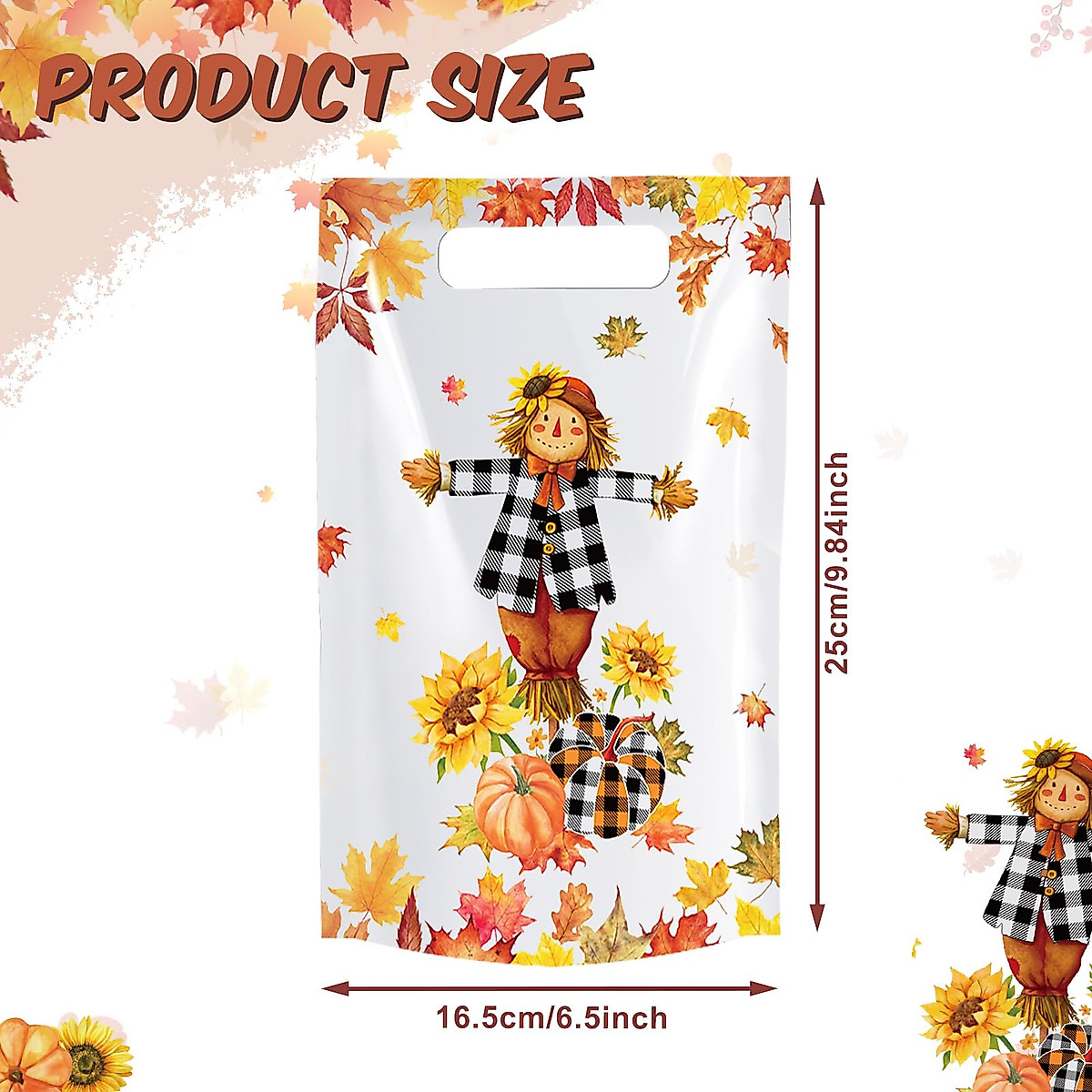 Qilery 100 Pcs Thanksgiving Party Plastic Favor Bags Fall Party Treat Bags Autumn Party Candy Bags Maple Leaves Pumpkin Goody Bags with Handles for Thanksgiving Day Autumn Harvest Fall Party Supplies
