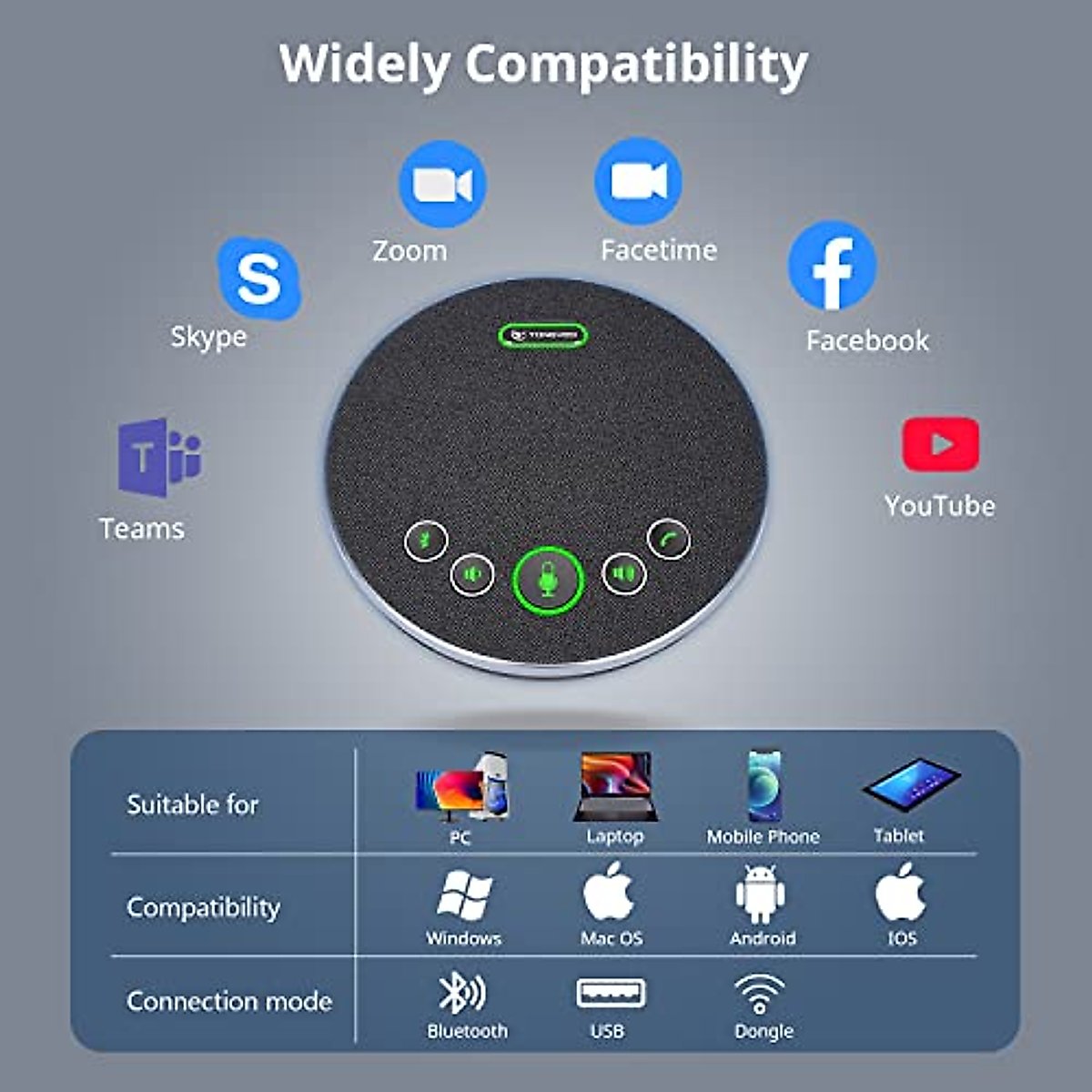 TONGVEO Bluetooth Speakerphone Conference Microphones, Wireless Conference Speaker 360°Voice Pick up with 4 AI Noise Cancellation Mics USB/Dongle/Bluetooth Connection 8 Hour Call Time for 8-12 People