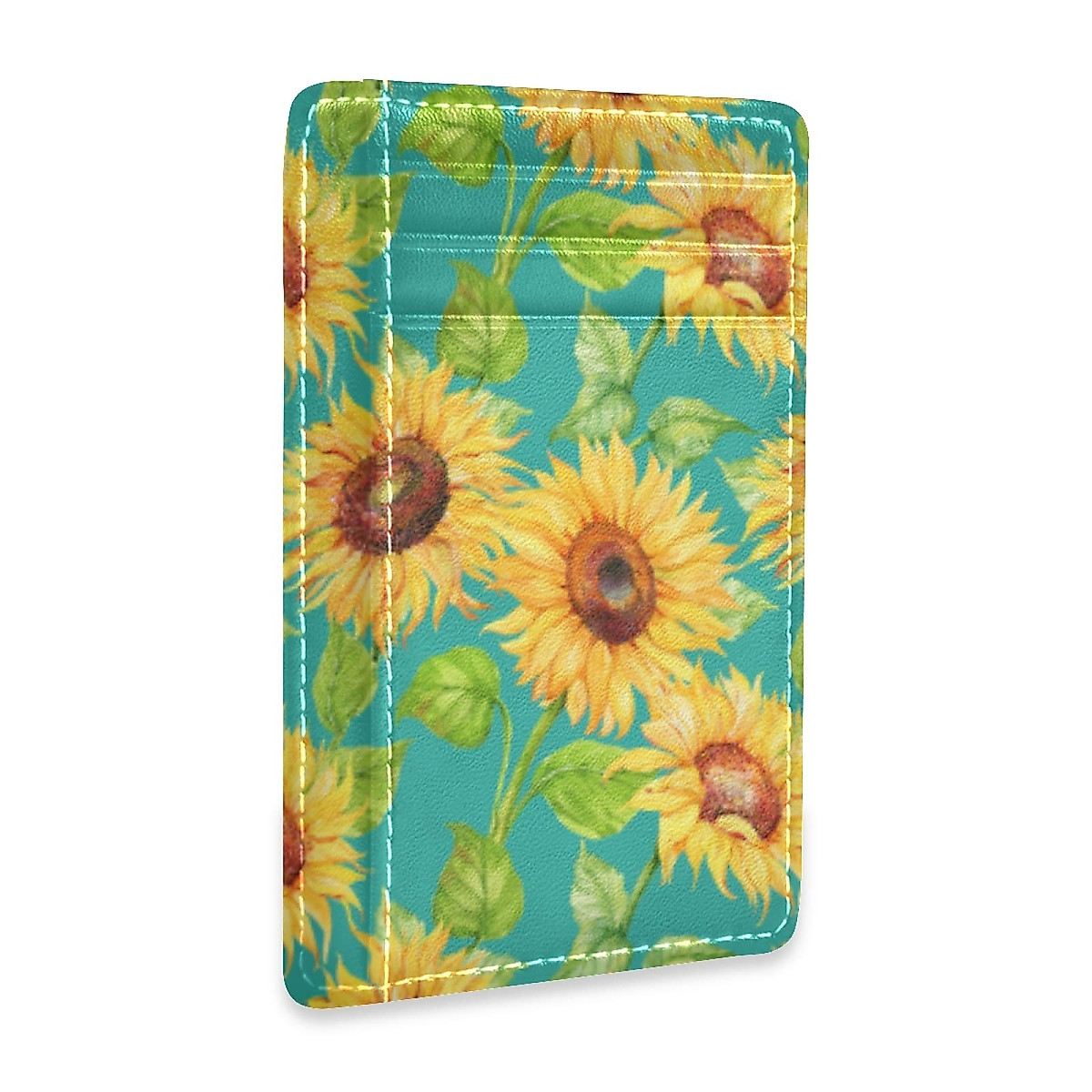 Linomo Thin leather Card Holder and Money Clip Vintage Sunflower Pattern Wallet RFID Blocking for Men & Women