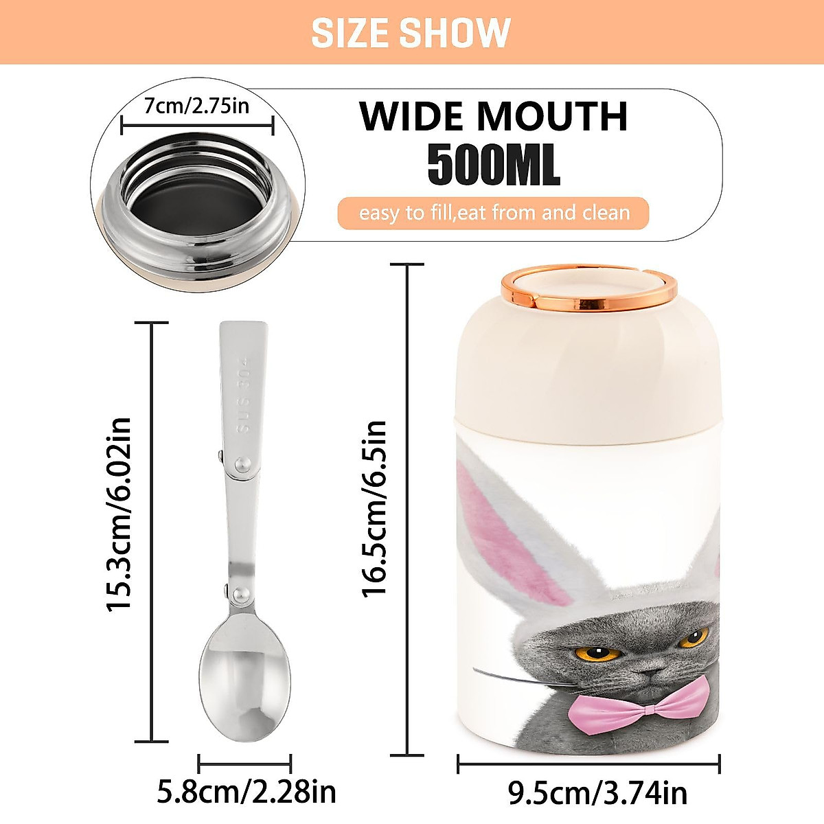CUPADA Funny Cat Cute Food Jar, Bunny Rabbit Ears Insulated Hot Food Jars Vacuum 17OZ with Folding Spoon for Work Trip Picnic Camping
