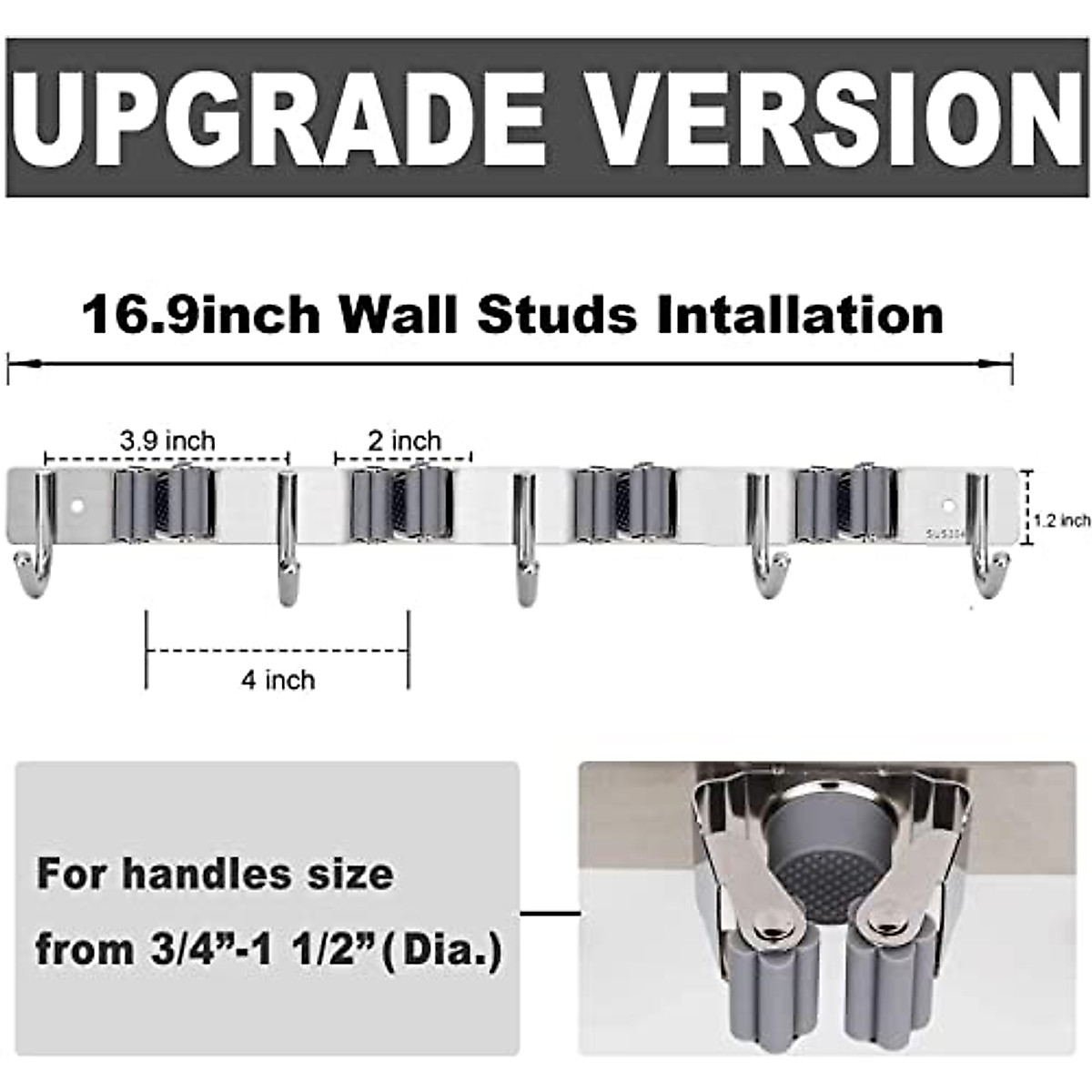 Broom Mop Holder, Wall Mounted Heavy Duty Stainless Steel Storage Rack Organization Tools, Kitchen Garden Garage Or Bathroom Organization and Storage (4 Clip 5 Hook)