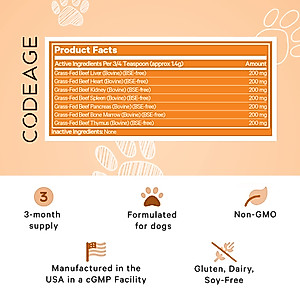 DNA PET Happy Healthy Organs & Glands Supplement for Dogs, Freeze-Dried Raw Grass-Fed Beef Liver Heart Kidney Spleen Pancreas Bone Marrow, Bovine Thymus Multi Organ Powder, Canine Vitamins, 3 oz