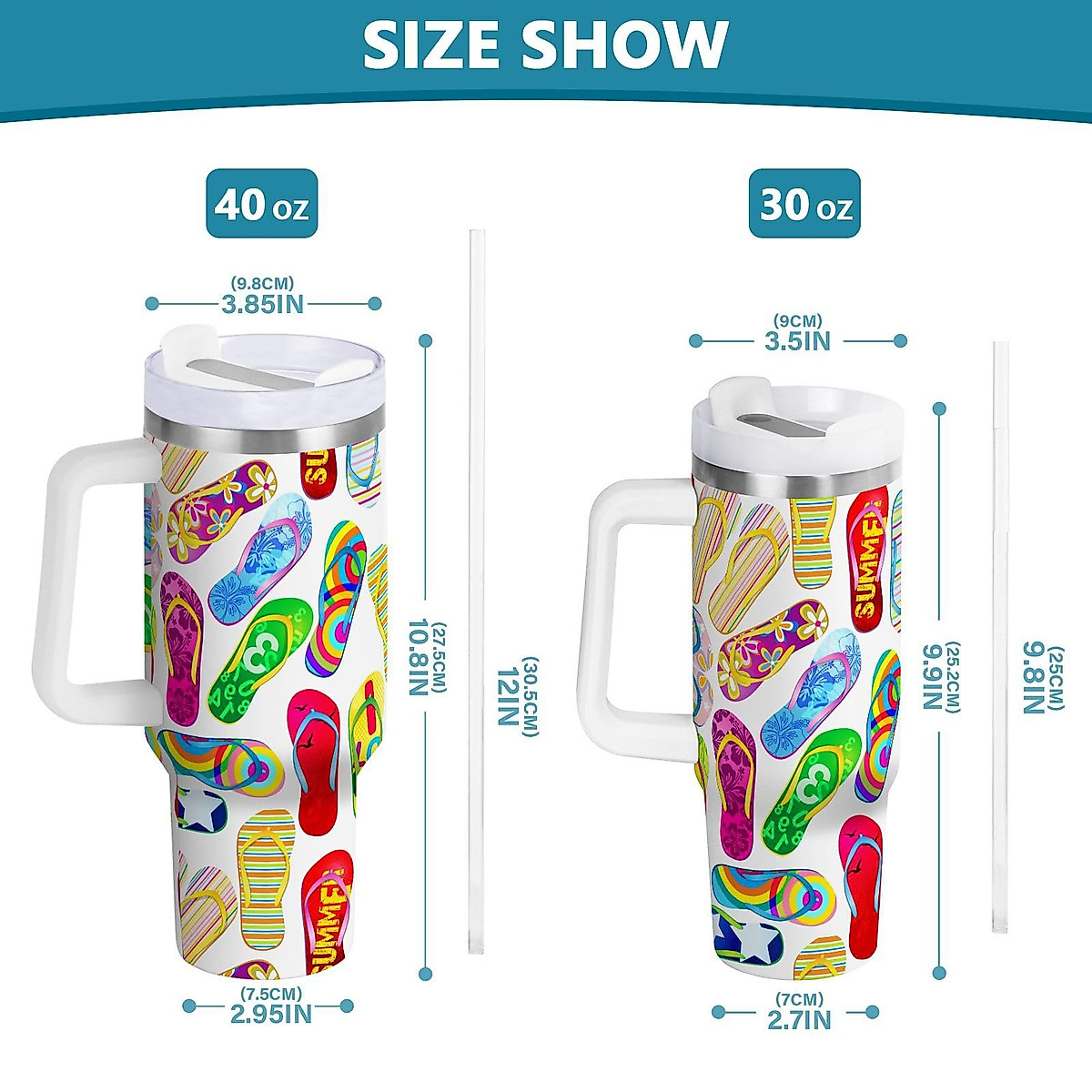 Emelivor Colorful Flip Flops 30 oz Tumbler with Lid and Straw Insulated Tumblers with Handle Leak Proof Travel Coffee Mug Water Cup Bottles for Men Women Sports Gym