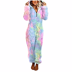 Aniywn Adult Fleece Onesie Pajamas for Women Tie Dye Print Costume Jumpsuit Romper Hoodie Jumpsuit Pajamas Homewear Pink