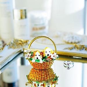 YU FENG Puppy Flower Basket Trinket Boxes Hinged Rhinestones Jeweled Painted Enameled Collectible Dog Animal Figurine Jewelry Holder Box