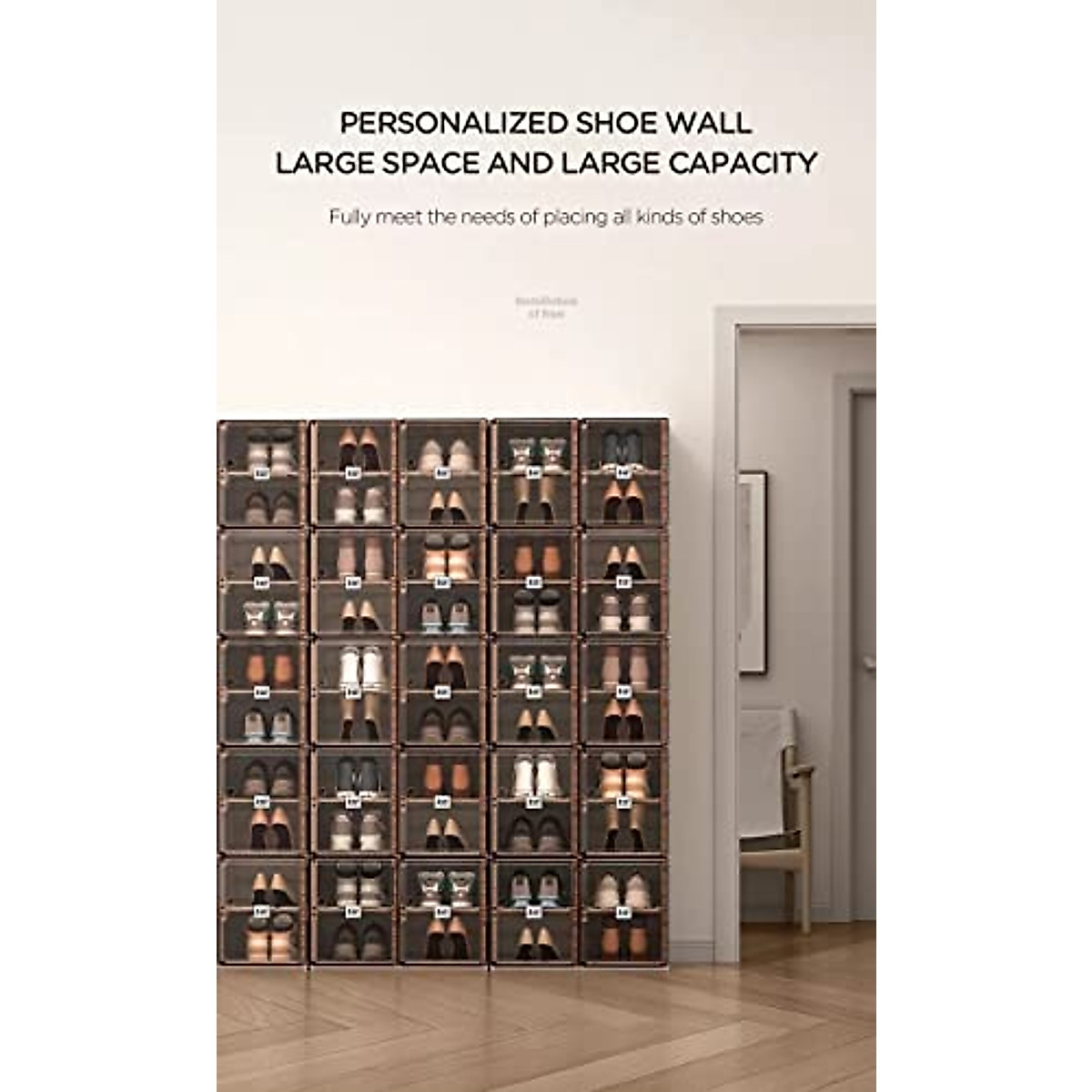 Foldable Shoe Rack Cabinet Organizer with Pocket and Storage, Portable Shoe Rack for Entry Way, Shoe Boxes, Fast Easy Assemble Shoe Cabinet, One Piece Sturdy Plastic Shelf, Clear Brown Doors, 6 Tiers