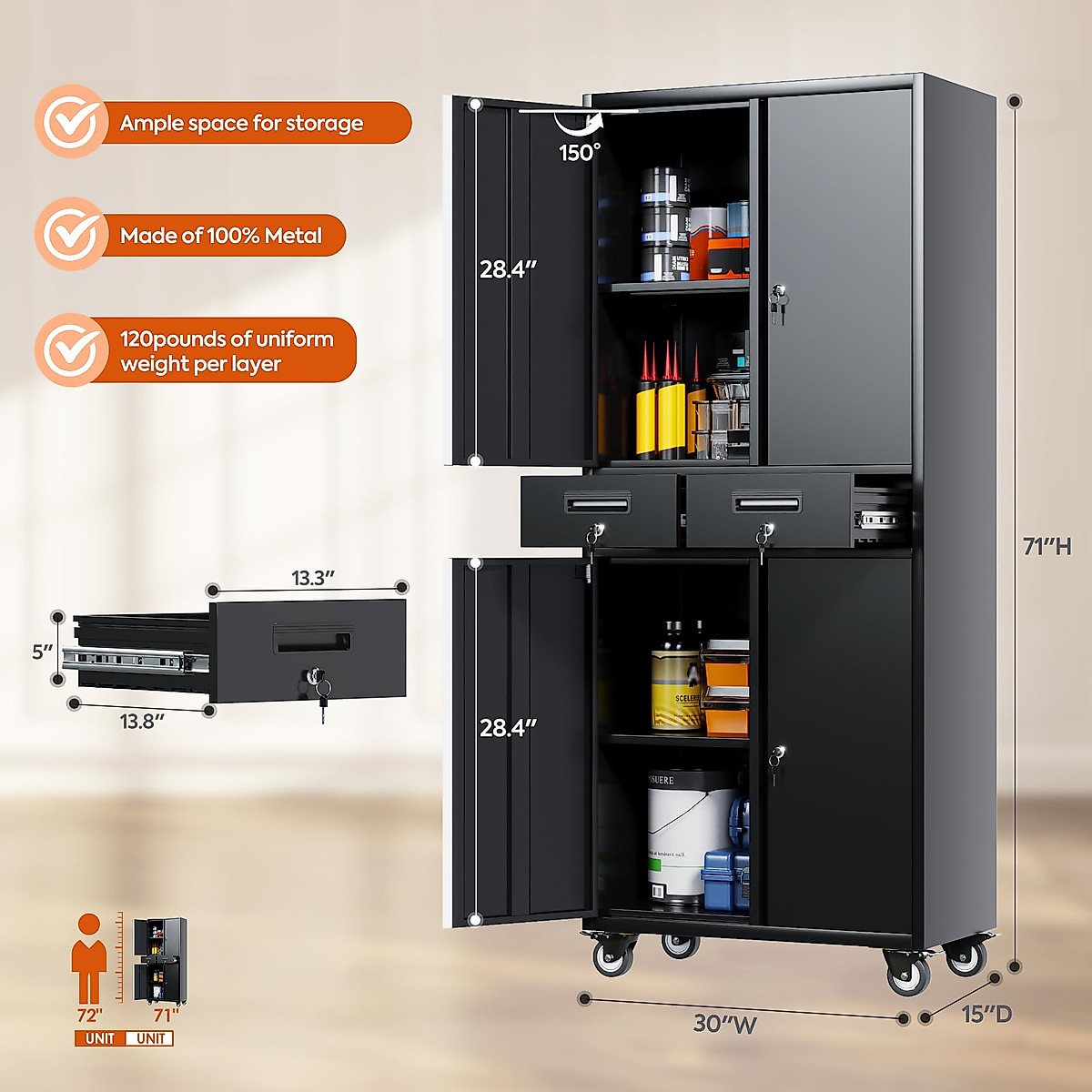 LOCENHU Garage Cabinet with Locking Doors,Tool Storage Cabinet with 4 Wheels and 2 Drawer and Adjustable Shelves- 71" H Rolling Storage Cabinet for Garage,Warehouse,Home,Office,School(Black)