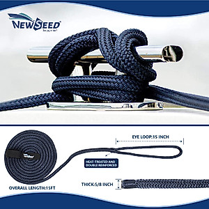 MALZE-NEWSEED 4 Pack 5/8" x 15' Dock Lines Double Braided Nylon Boat Rope with 15" Eyelets, Marine Grade Premium Mooring Lines for Docking Boat & Pontoon, Navy Blue