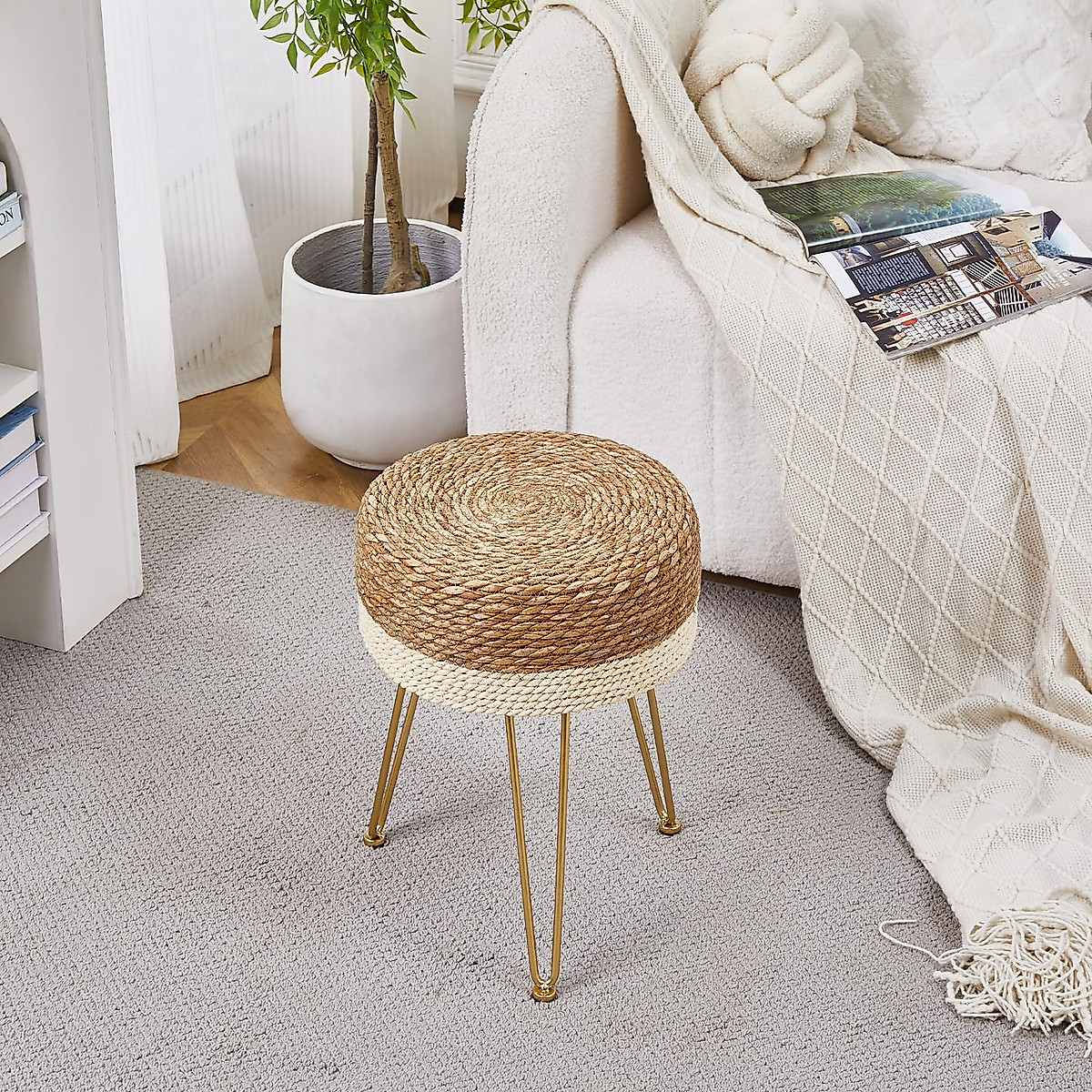 Cpintltr Natural Seagrass Hand Weave Poufs Vanity Stool Velvet Ottoman Stool Round Ottoman Foot Stool with Metal Legs for Living Room Bedroom Natural White