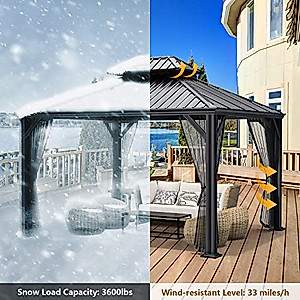 Tangkula 12ft x 10ft Hardtop Gazebo, 2-Tier Outdoor Gazebo w/Double Vented Roof & Central Hook, Galvanized Steel Frame Patio Sun Shelter for Lawn Backyard Poolside Deck (Grey)