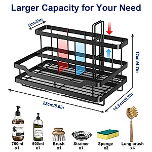 MFTEK Kitchen Sink Caddy Sponge Holder, Large Sponge Holder for Kitchen Sink Countertop Organizer, Soap Holder Tray Dish Dispenser Storage Rack with Drain Tray, Black -Not Include Sponge, Brush