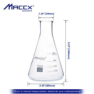 Maccx 8.5oz(250ml) Narrow-Mouth Sturdy Glass Erlenmeyer Flask, 3.3 Borosilicate with Printed Graduation, Pack of 4, EFN250-004