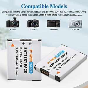 PowerTrust 2 Pack 3.7v NB-11L Replacement Battery and NB-11LH LCD USB Charger for Canon PowerShot A2300 IS, A2400 IS, A2500, A2600, A3400 IS, A3500 IS, A4000 IS, ELPH 110 HS, ELPH 115 HS, ELPH 130 HS,