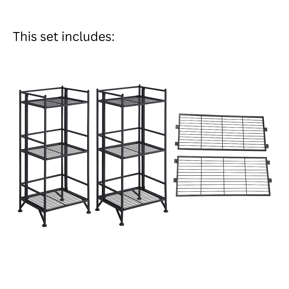 Convenience Concepts Xtra Storage 3 Tier Folding Metal Shelves with Set of 2 Extension Shelves - Organizer for Living Room, Office, Bedroom, Garage, Kitchen, Bathroom, Black