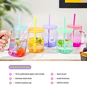 AGH 6 Pack Sublimation Glass Blanks with Colorful Lid and Straw, 16oz Gradient Colorful Glass Sublimation Beer Can with Handle, Sublimation Glass Cups, Sublimation Glass Tumblers