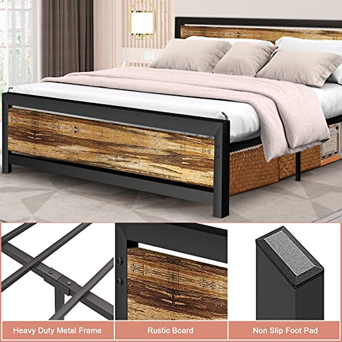 Aqgrj Queen Bed Frame, Platform Bed Frame with Headboard and Steel Sturdy Slat Strong Support Legs, Noise-Free No Box Spring Needed, Easy Assembly-Brown