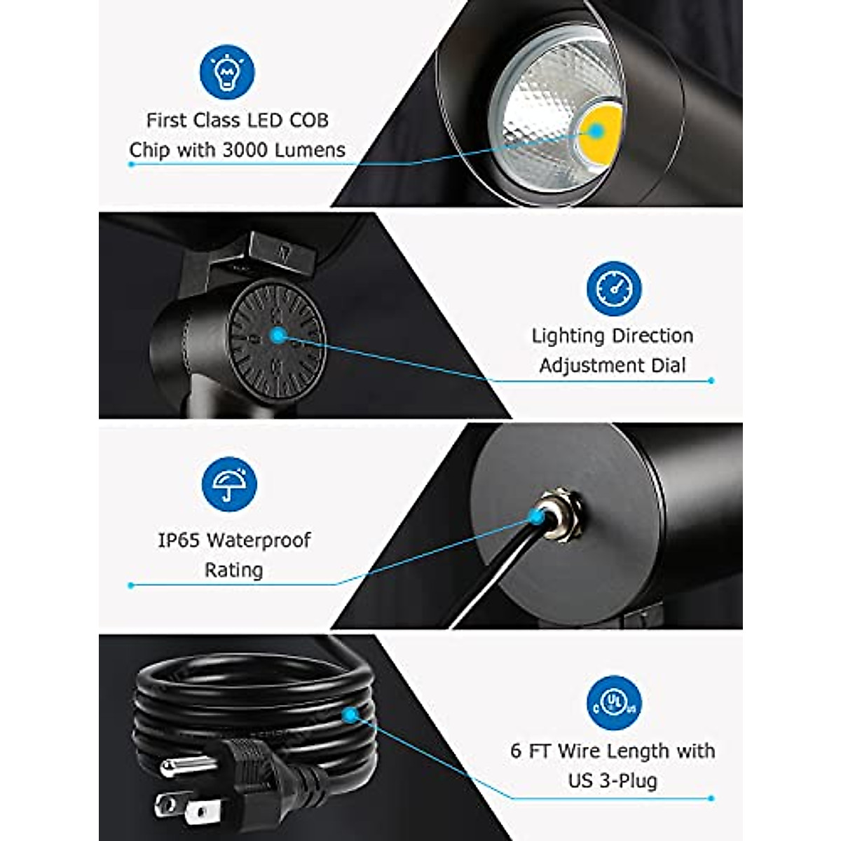 SUNVIE 30W Spot Lights Outdoor LED Spotlight 120V 3000LM Ultra Bright Flag Pole Light with Metal Stake, Warm White Flood Light Landscape Lighting for Yard Flag Tree Garden, 6 FT Cord with Plug, 2 Pack