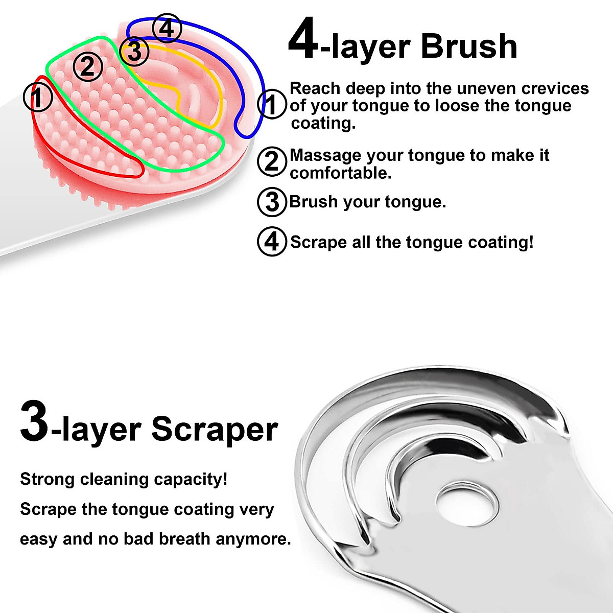 3 pcs Tongue Scrapers Cleaner, Moosec Get Rid of White Tongue Bad Breath Treament, 100% Stainless Steel BPA Free