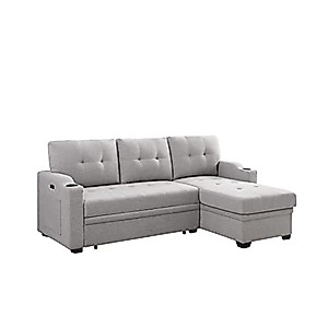 FANYE Linen Upholstery Tufted Sofa&Couch,L-Shaped Corner Reversible Sleeper Sectional Sofa Couch Sofabed w/Storage Chaise,Cupholders, USB Charging Port and Pockets for Living Room Furniture Set