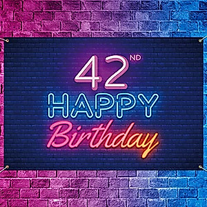 5665 Glow Neon Happy 42nd Birthday Backdrop Banner Decor Black – Colorful Glowing 42 Years Old Birthday Party Theme Decorations