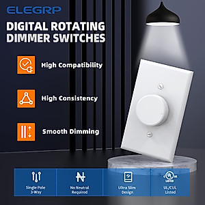 ELEGRP Digital Rotating Dimmer Switch for Dimmable LED, CFL and Incandescent Light Lamp Bulbs, Single Pole / 3-Way Rotary Dimmer Switch, Wall Plate Included, UL Listed (1 Pack, Matte White)