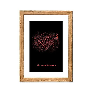 Brown Frame - Wooden Framed - Milton Keynes, England, United Kingdom (UK) Original Map Design Red Splatter - Art Print Poster Photo Gift